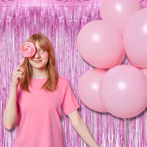 Foil Fringe Curtain Christmas Party Decorations - Pink Metallic Tinsel Photo Booth Backdrop Party Steamers Curtains for Birthdays Valentines Engagement Bachelorette Celebration