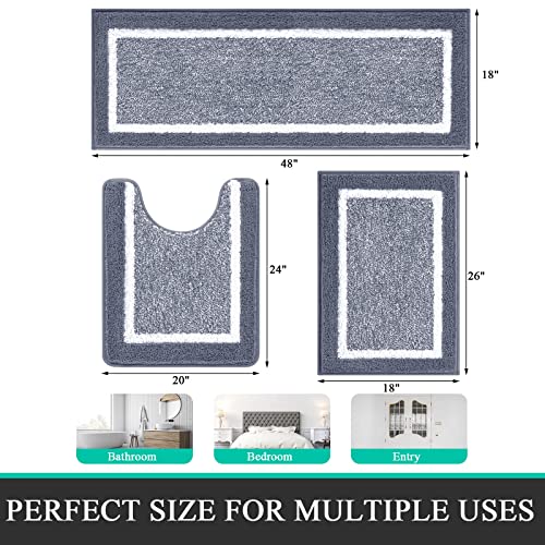 Pauwer Bathroom Rug Mat Set 3 Piece, Microfiber Shaggy Bath Mat Set, Non-Slip Ultra Soft Carpet Mats, Absorbent Bathroom Mat Set with U-Shaped Toilet Mat for Bathroom, Tub, Shower, Dark Grey