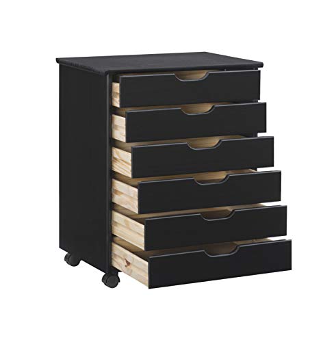 Linon Rolling Storage Corinne Cart, Six Wide Drawers, Black Wide