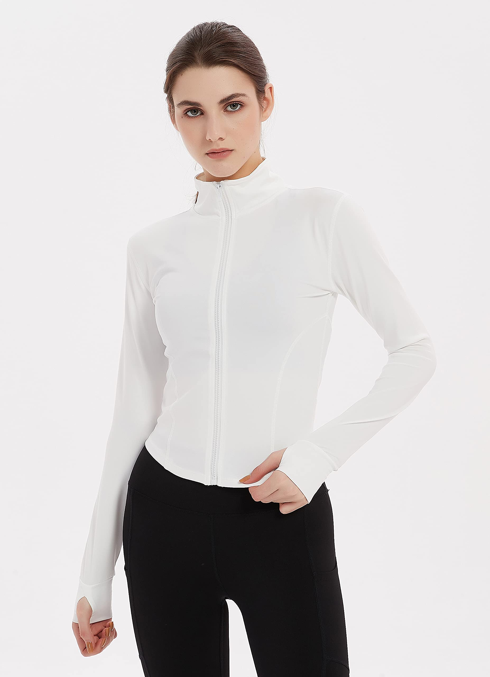 Gihuo Women's Athletic Full Zip Lightweight Workout Jacket Cropped Gym Yoga Track Jacket with Thumb Holes (White, Medium)