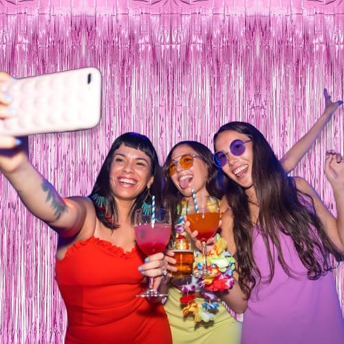 Foil Fringe Curtain Christmas Party Decorations - Pink Metallic Tinsel Photo Booth Backdrop Party Steamers Curtains for Birthdays Valentines Engagement Bachelorette Celebration