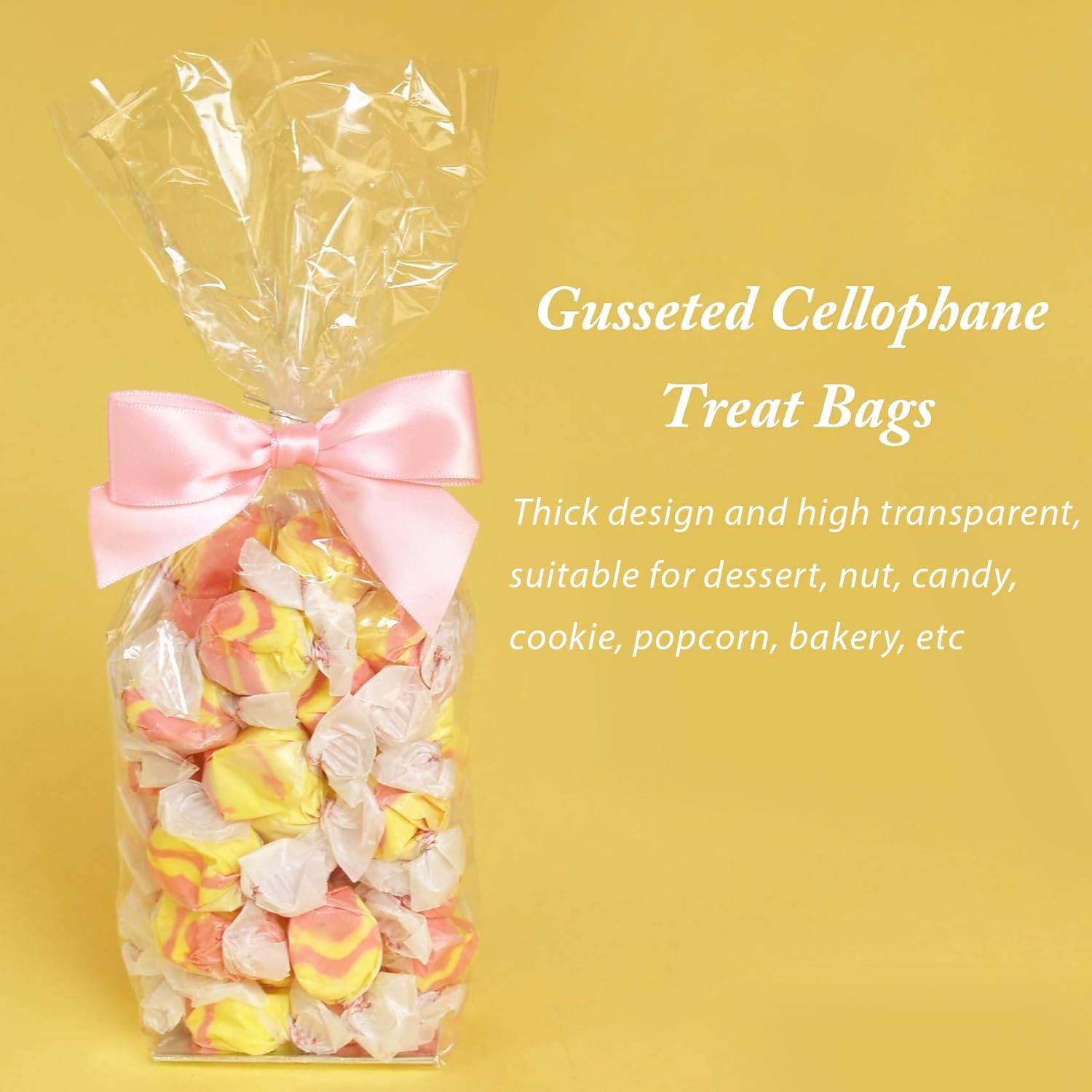Morepack Gusseted Flat Bottom Cellophane Bags with Paper Insert, 50Pcs 4.3x2x11.8 Inches Cellophane Bags Gusseted