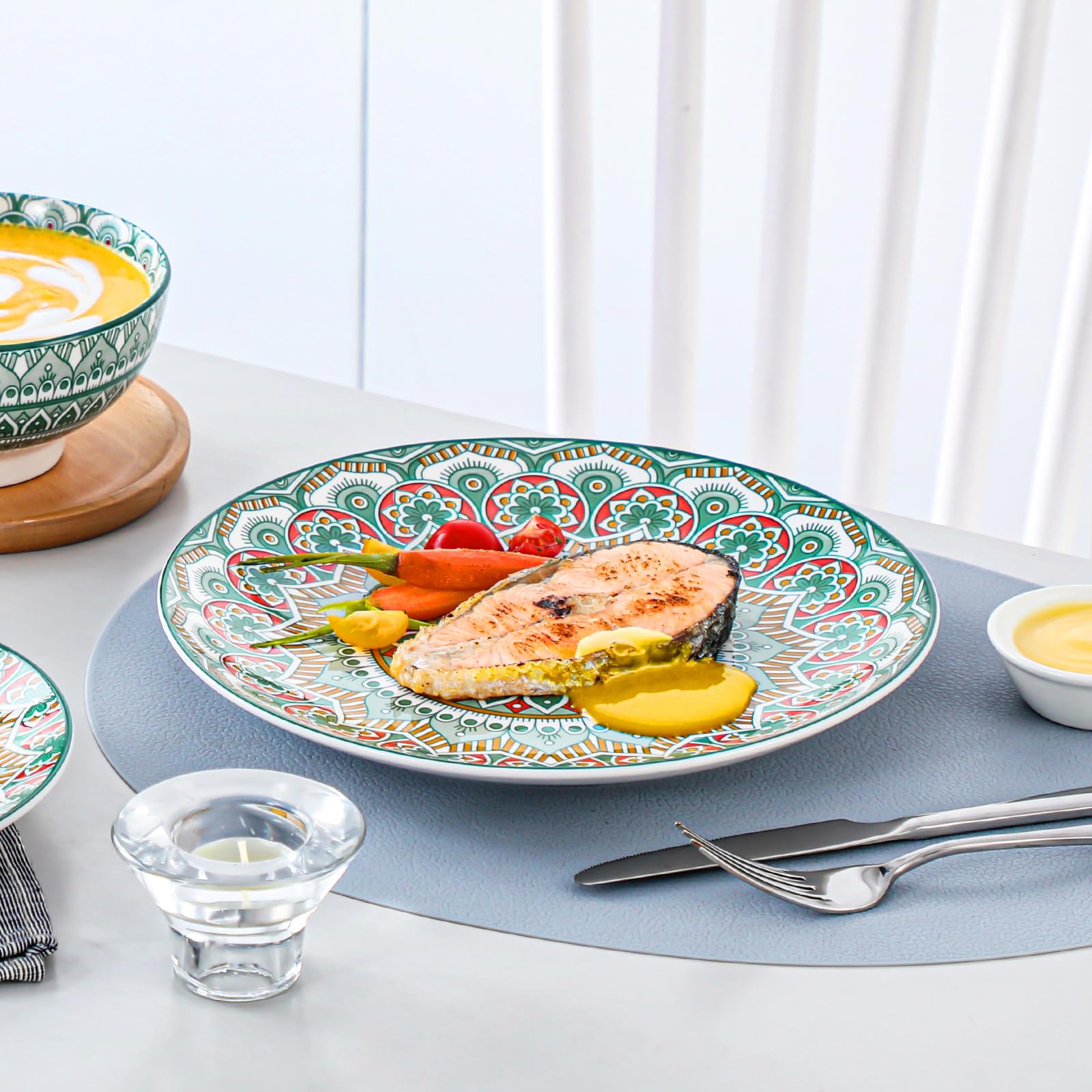 vancasso Mandala Dinnerware Sets 16 Pieces Porcelain Dinner Set for 4 Boho Plates and Bowls Dish Set with 10.5in Dinner Plates, 8in Dessert Plates, 6in Bowls and 13oz Mugs