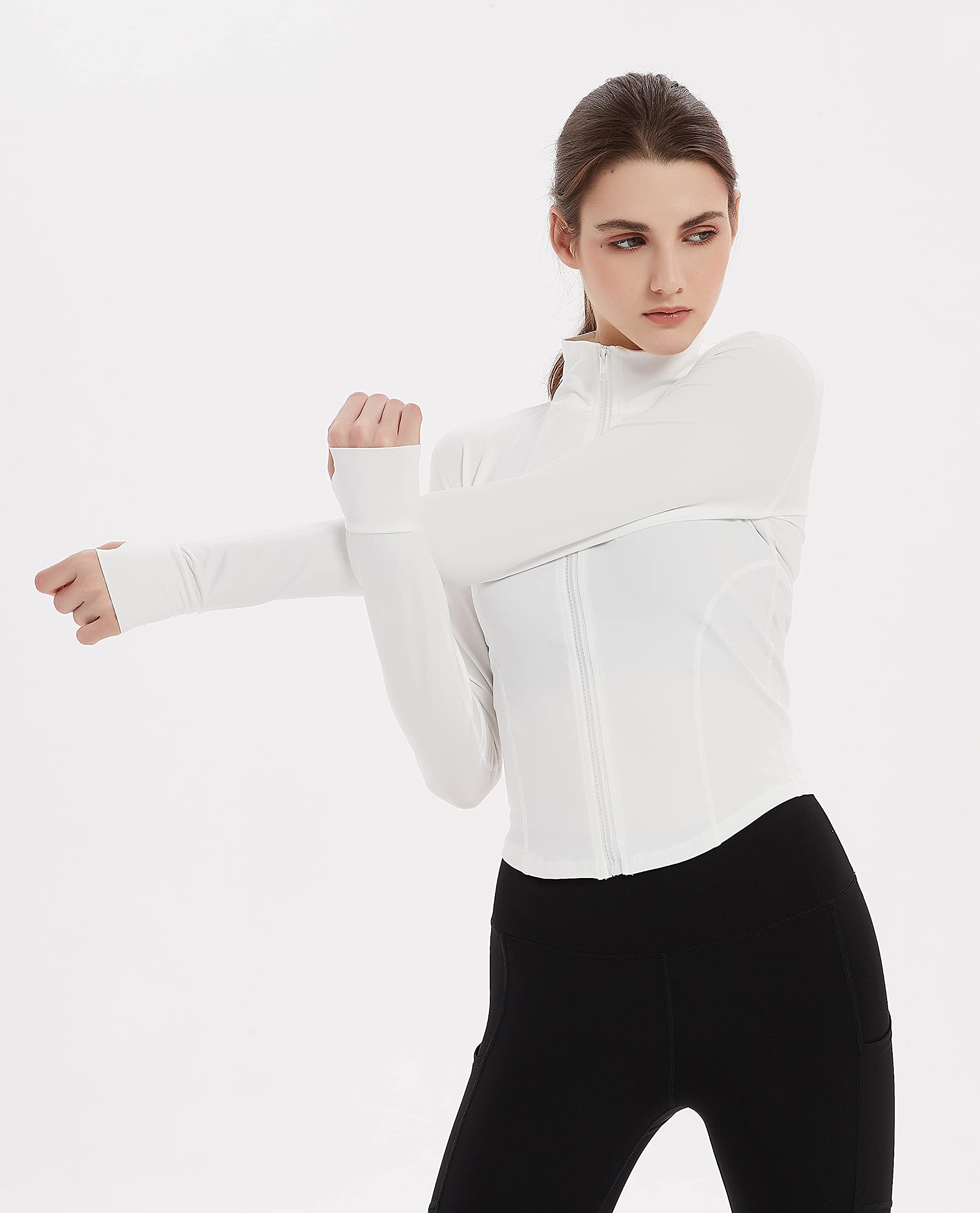 Gihuo Women's Athletic Full Zip Lightweight Workout Jacket Cropped Gym Yoga Track Jacket with Thumb Holes (White, Medium)