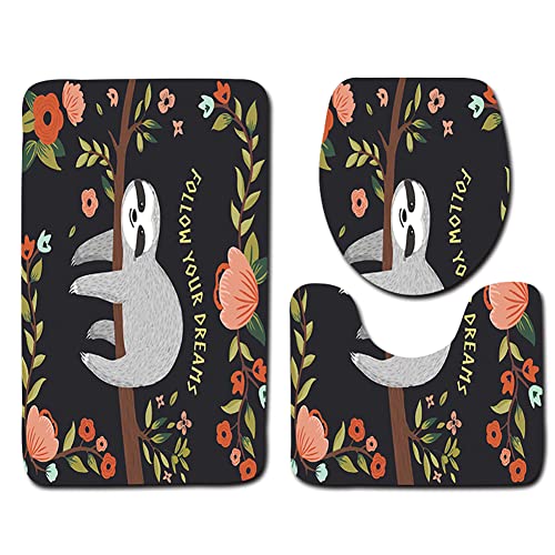 3 Pcs Bathroom Rugs+Lid Toilet Cover+Bath Mat Set, Follow Your Dreams Sloth Pattern Non Slip Flannel Carpets for Home Bedroom Bathroom Decor (Large)