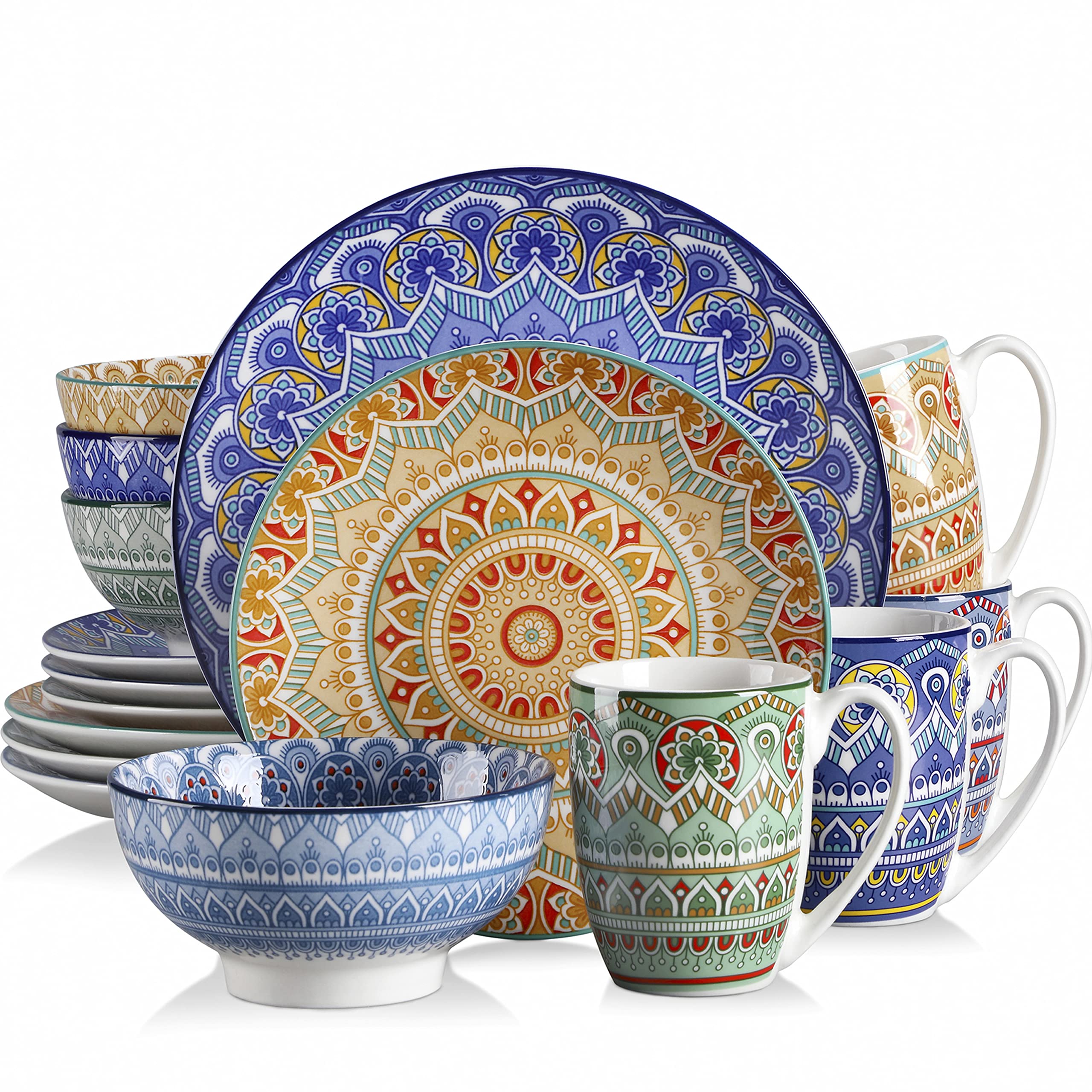 vancasso Mandala Dinnerware Sets 16 Pieces Porcelain Dinner Set for 4 Boho Plates and Bowls Dish Set with 10.5in Dinner Plates, 8in Dessert Plates, 6in Bowls and 13oz Mugs