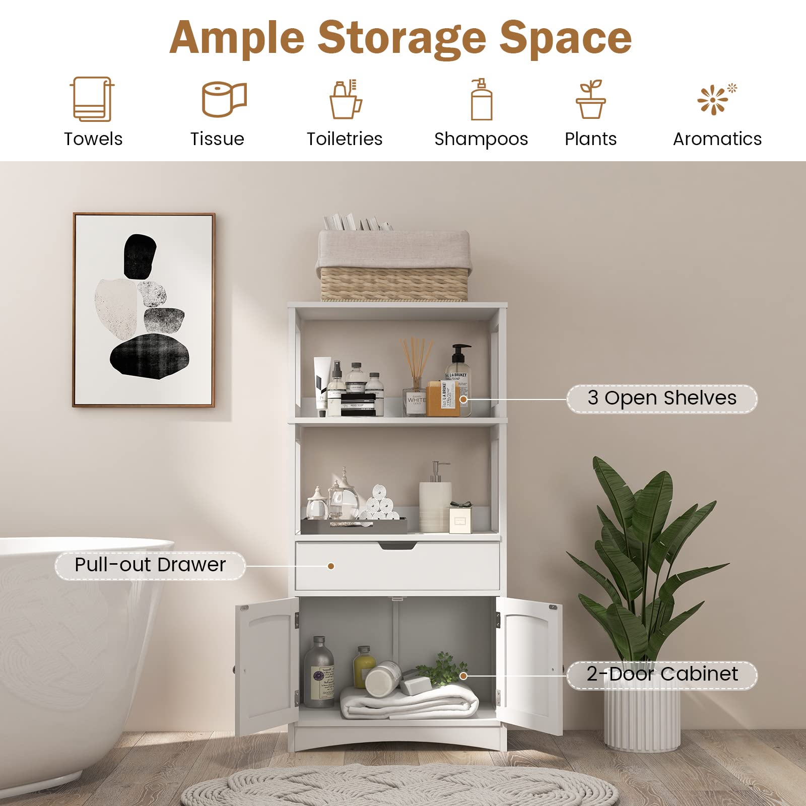 GLACER Large Bathroom Floor Cabinet, Freestanding Multipurpose Storage Cabinet with Drawer, 2 Open Shelves and Door Cupboard for Bathroom, Kitchen or Living Room, 24 x 13 x 48 inches (White)
