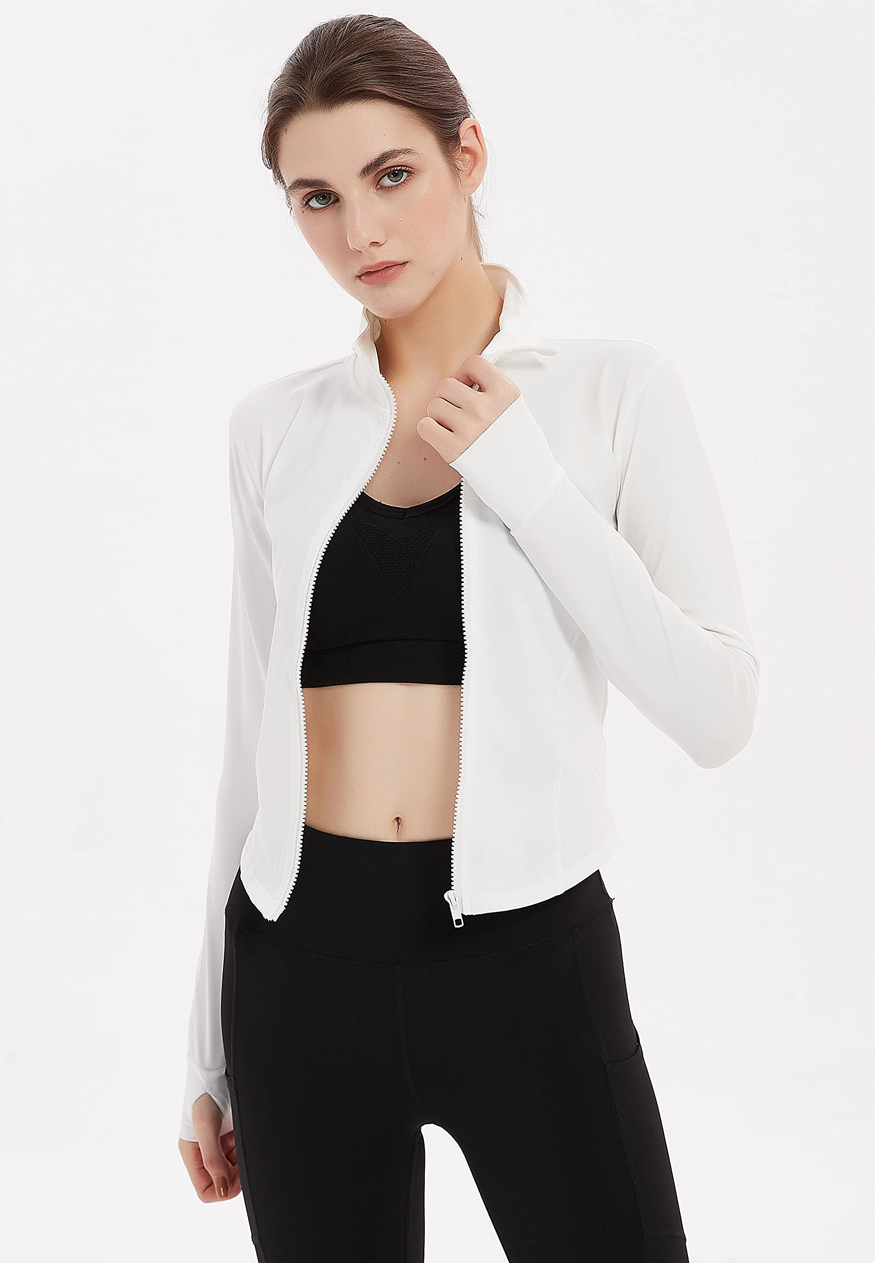 Gihuo Women's Athletic Full Zip Lightweight Workout Jacket Cropped Gym Yoga Track Jacket with Thumb Holes (White, Medium)