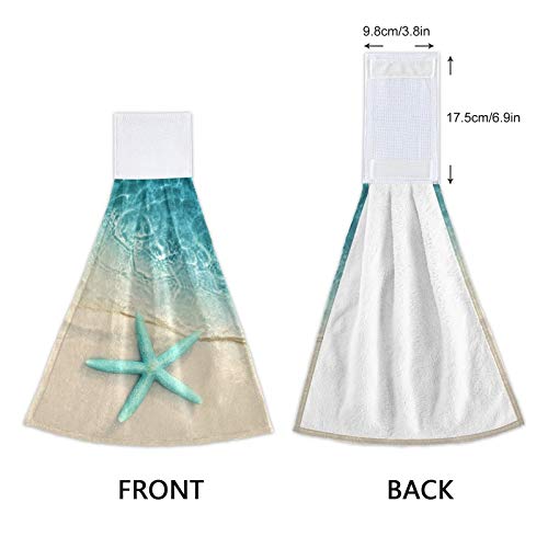 KOCOART Ocean Beach Starfish Kitchen Hand Towels Sea Water Hanging Tie Towel Dishcloths with Loop 2PCS, Soft Super Absorbent Fingertip Towel for Bathroom Laundry Room 12x17 in