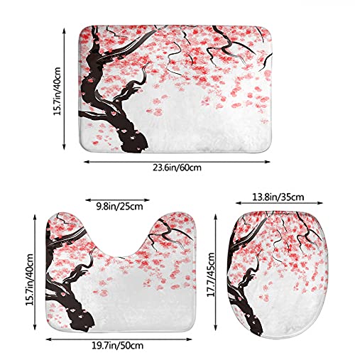WONDERTIFY Japanese Cherry Tree Blossom Bathroom Antiskid Pad Pink 3 Pieces Bathroom Rugs Set, Bath Mat+Contour+Toilet Lid Cover