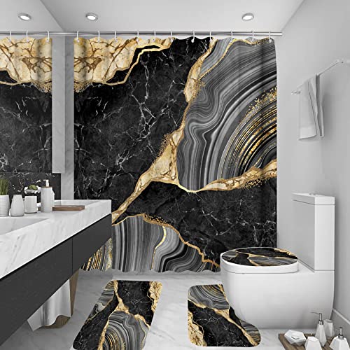 beifivcl 4Pcs Marble Shower Curtain Sets, Bathroom Decor Sets, Luxury Shower Curtain with 12 Hooks, Bath Mat, Toilet Lid Rug and Non-Slip U Shape Mat Accessories Marble Print, 72 x 72 Inch, Black