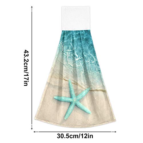KOCOART Ocean Beach Starfish Kitchen Hand Towels Sea Water Hanging Tie Towel Dishcloths with Loop 2PCS, Soft Super Absorbent Fingertip Towel for Bathroom Laundry Room 12x17 in