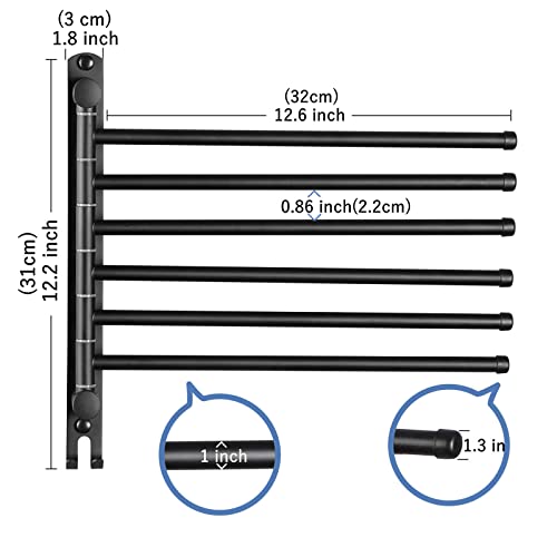 Swivel Towel Rack, Towel Bar with Wall Mounted 180° Rotation, 6-Arms Towel Hanger for SUS 304 Stainless Steel, Space Saving for Kitchen/ Bathroom, Matte Black