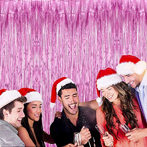 Foil Fringe Curtain Christmas Party Decorations - Pink Metallic Tinsel Photo Booth Backdrop Party Steamers Curtains for Birthdays Valentines Engagement Bachelorette Celebration