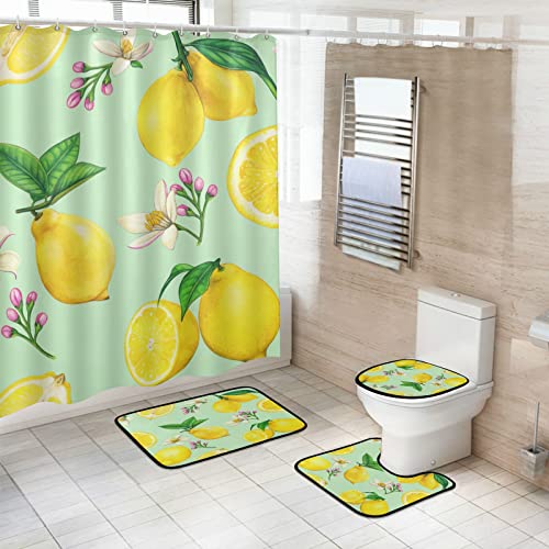 4PCS Lemon Watercolor Shower Curtain Set with Non-Slip Rugs, Toilet Lid Cover and Bath U-Shaped Mat, Bathroom Decor Set Accessories Waterproof Shower Curtain Sets with 12 Hooks