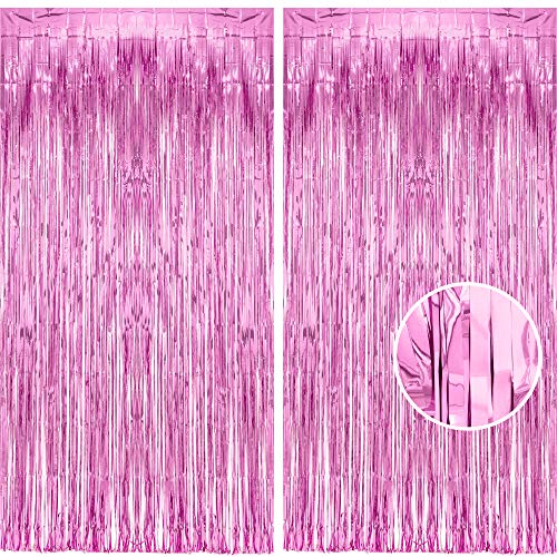Foil Fringe Curtain Christmas Party Decorations - Pink Metallic Tinsel Photo Booth Backdrop Party Steamers Curtains for Birthdays Valentines Engagement Bachelorette Celebration