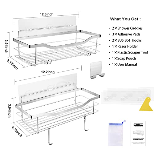 Shower Caddy Basket Rack with Hooks, Bathroom Shower Organizer Shelf, Adhesive Wall Mounted Rustproof Storage for Bathroom, Toilet, Kitchen, Dorm, No Drilling, 304 Stainless Steel, 2 Pack (Silver)