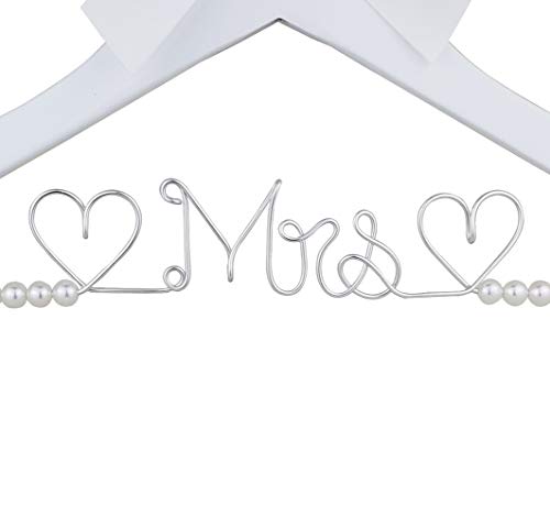 Bridal Dress Hanger Solid Wood Dress Hangers Mrs Letter Hanger Wedding Gift (White Hanger Pearl and Silver Thread)
