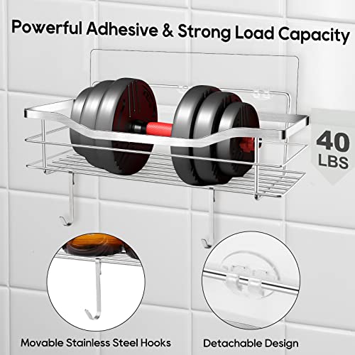 Shower Caddy Basket Rack with Hooks, Bathroom Shower Organizer Shelf, Adhesive Wall Mounted Rustproof Storage for Bathroom, Toilet, Kitchen, Dorm, No Drilling, 304 Stainless Steel, 2 Pack (Silver)