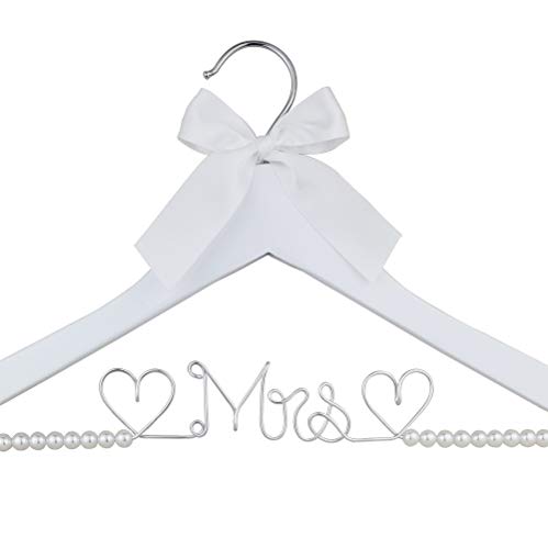Bridal Dress Hanger Solid Wood Dress Hangers Mrs Letter Hanger Wedding Gift (White Hanger Pearl and Silver Thread)