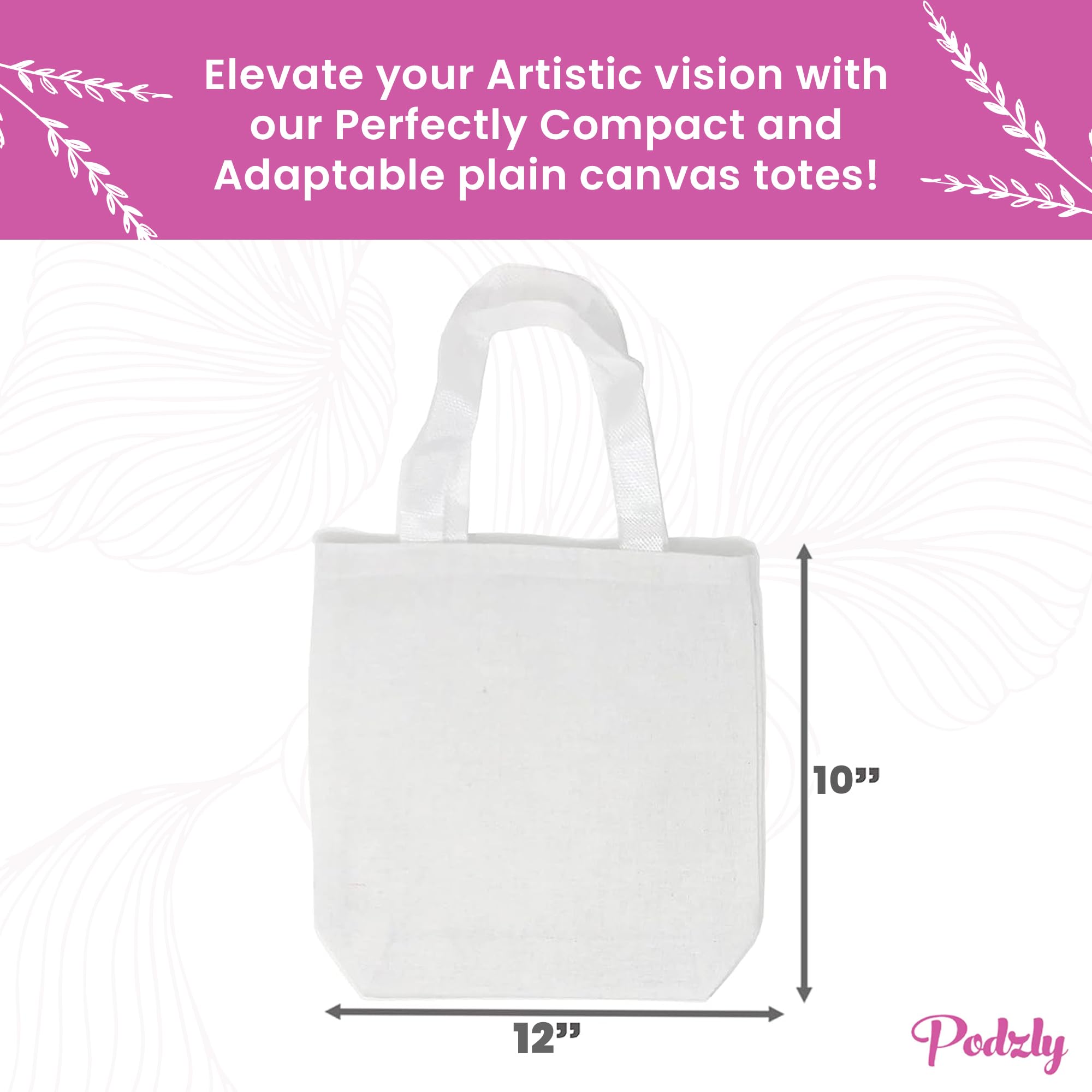 Podzly DIY Blank Canvas Tote Bags - Set of 12 Small 12" x 10" White Plain Totes for Crafting, Decorating, and Personalizing - Unleash Your Creativity with Premium Quality, Compact Design