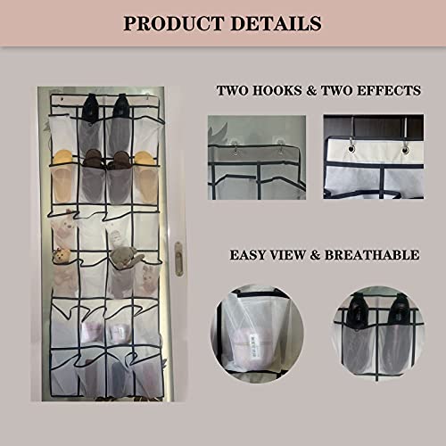 JOYUETLAN Over the Door Shoes Organizers, 24 Large Mesh Pockets& 2 Kinds of Hooks, Versatile Usage Shoe Hanger for Home Dormitory Closet Door (White)