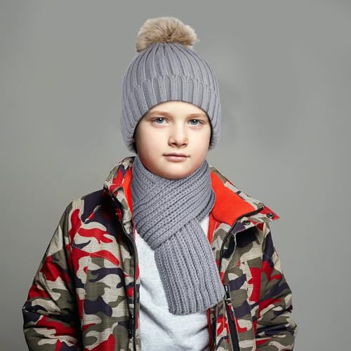 4 Pieces Kids Beanie Hat Scarf Gloves Socks Set Knit Winter Warm Set for Toddler (Grey)