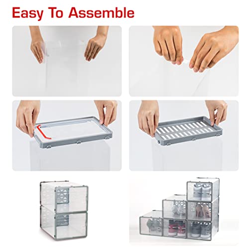 Shoe Boxes Clear Plastic Stackable, 12 Pack Foldable shoes Organizer Storage Container for Closet Space Saving (Medium, B-Clear)