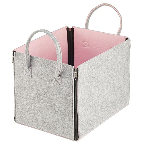 mDesign Soft Felt Cube Bin Box with Zipper - Attached Handles - Storage for Closet, Bedroom, Furniture Shelving Units - Textured Print - Light Pink/Light Gray
