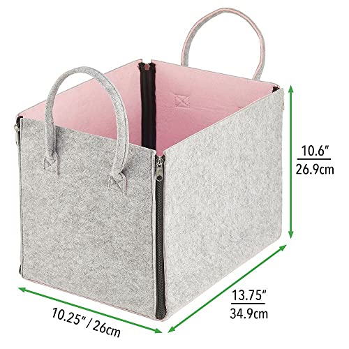 mDesign Soft Felt Cube Bin Box with Zipper - Attached Handles - Storage for Closet, Bedroom, Furniture Shelving Units - Textured Print - Light Pink/Light Gray