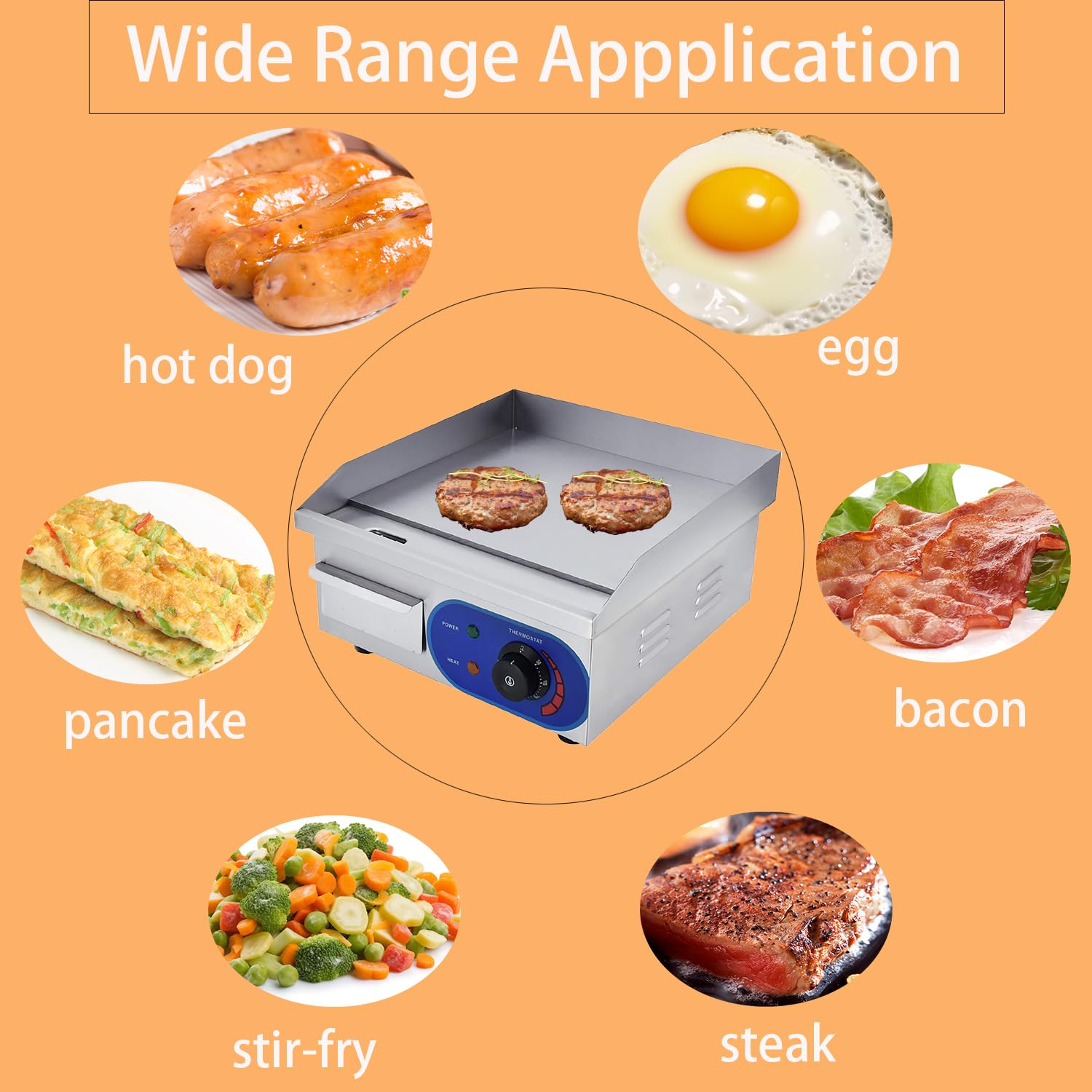 DULONG Commercial Electric Griddle Countertop Flat Top Griddle, Stainless Steel Restaurant Grill with Thermostatic Control for Kitchen BBQ(1500W 14 Inch), Sliver, D-TM-810B