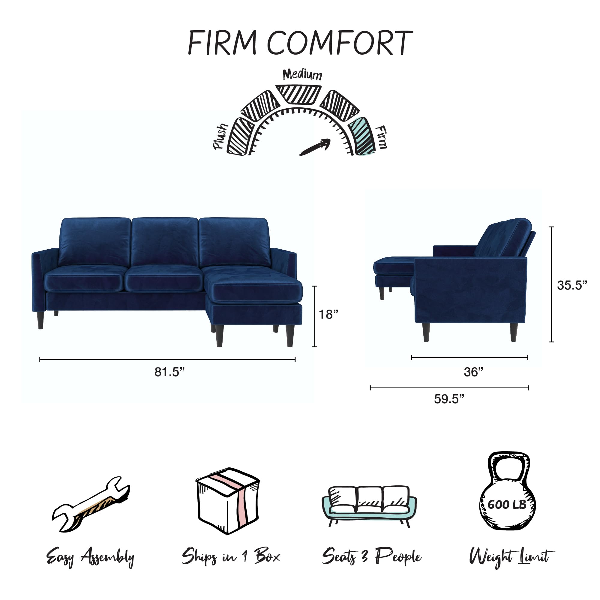 Mr. Kate Winston Reversible Sofa Sectional, Blue Velvet