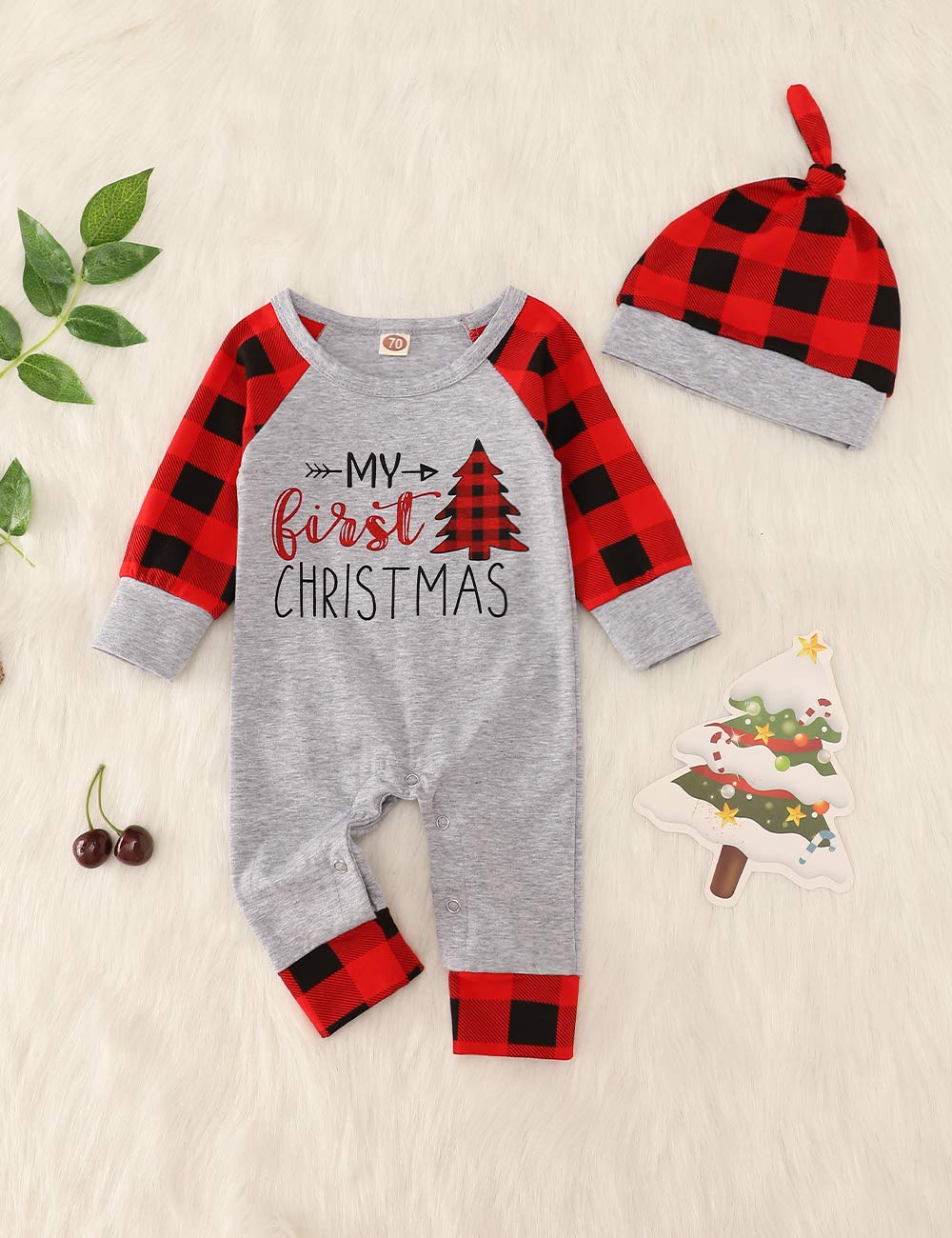 TUEMOS My First Christmas Baby Boy Outfit Long Sleeve Xmas Romper Red Plaid Jumpsuit Christmas Romper Baby Boy