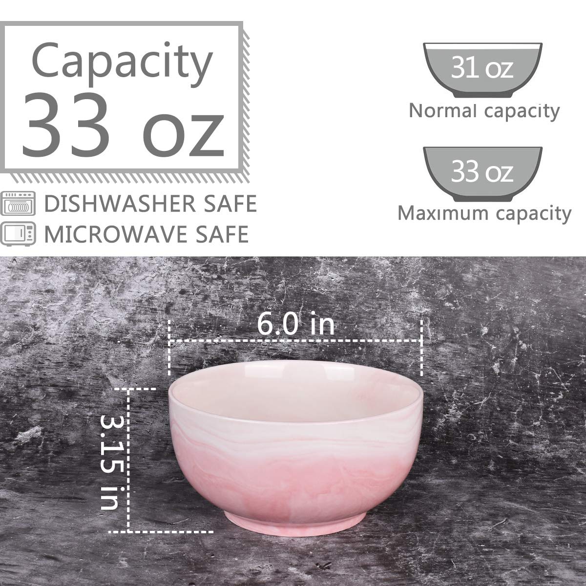 Bosmarlin Marbling Ceramic Soup Bowl Set of 4, 33 Oz, Dishwasher and Microwave Safe (33 Oz, A-Pink Marbling)