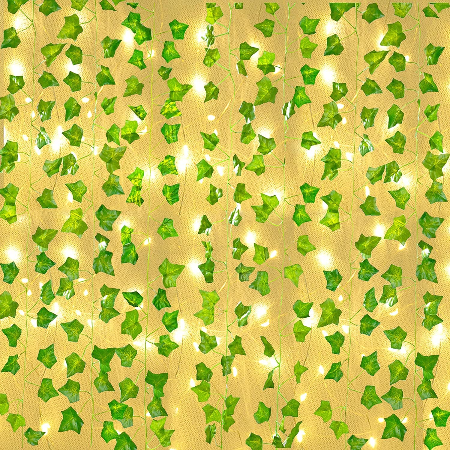 Naidiler 12 Pcs Artificial Ivy Garland Fake Vines with 65 Ft Lights String (200 LED) Decor Faux Green Hanging Plant Greenery for Wall Party Wedding Room Home Kitchen Indoor & Outdoor Decoration