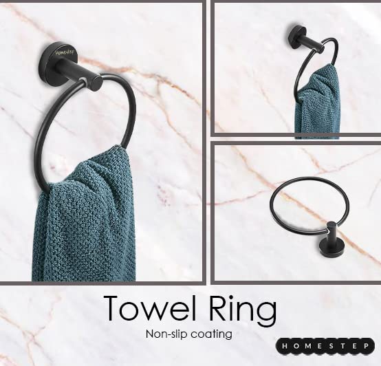 Homestep 5 pcs Bathroom Hardware Set, Stainless Steel Round Wall Mounted Include 20" Bath Towel Bar ,Toilet Paper Holder , Hand Towel Ring , 2 Towel Robe Hooks ,Bathroom Accessories Kit (Matte Black)