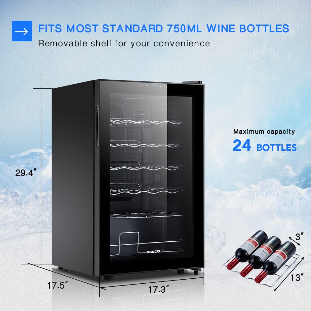 STAIGIS 24 Bottle Compressor Wine Cooler Refrigerator, Small Freestanding Wine Fridge for Red, White and Champagne, Mini Fridge with 40-66F Digital Temperature Control Glass Door
