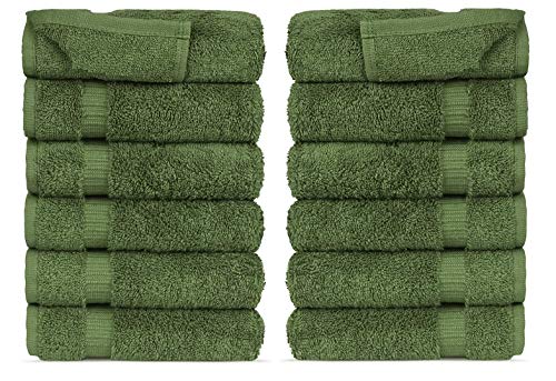 FTB Classic Washcloths Set 12 Piece Washcloths (Moss Green, 12 Washcloths)
