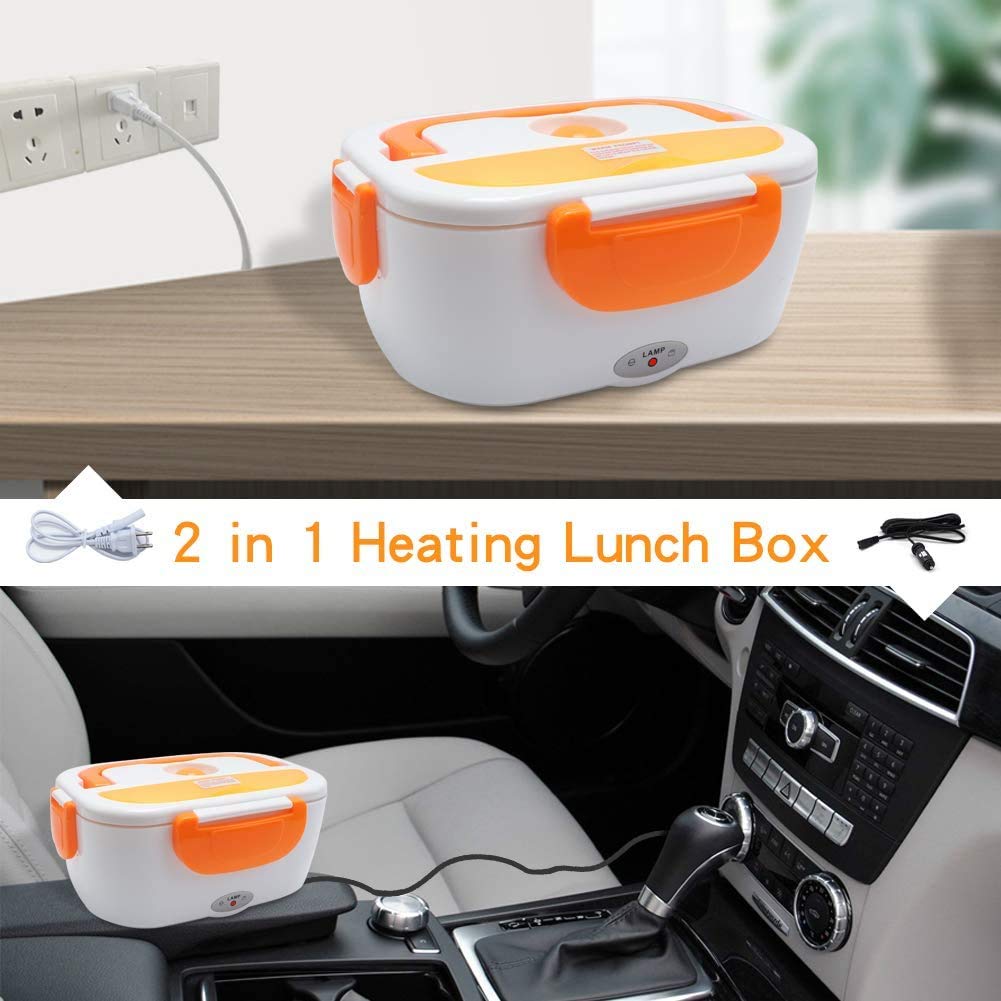 VIGIND Electric Lunch Box 2 in 1, Portable Food Warmer Heating,Food-Grade Container, 12V 110V 40W Adapter, Car Truck Home Work Use, Spoon and 2 Compartments Included (orange)