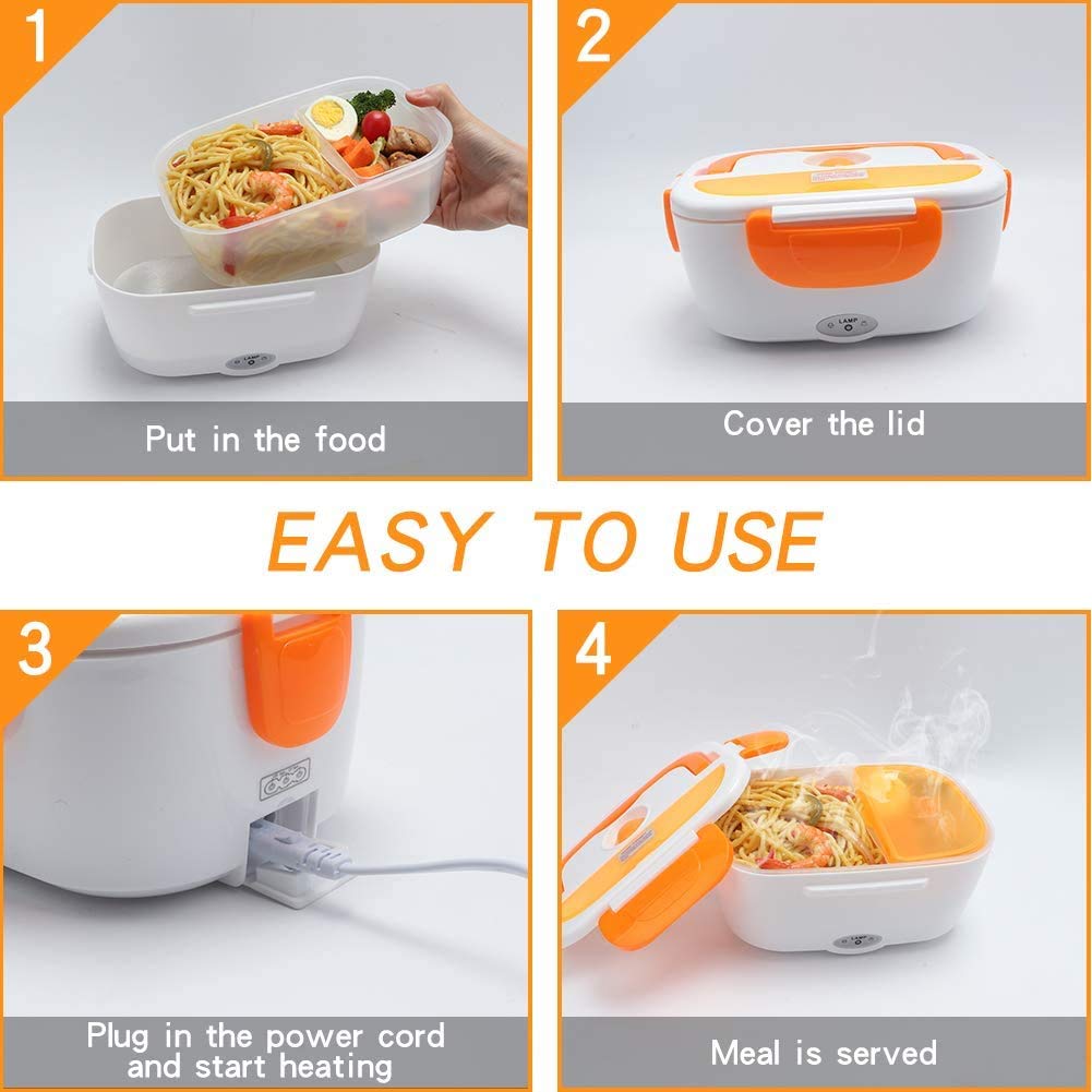 VIGIND Electric Lunch Box 2 in 1, Portable Food Warmer Heating,Food-Grade Container, 12V 110V 40W Adapter, Car Truck Home Work Use, Spoon and 2 Compartments Included (orange)