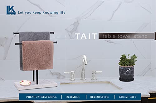 LKKL Hand Towel Holder - Double T Hand Towel Holder for Bathroom - Countertop Towel Stand Free Standing Towel Rack Bathroom Towel Hanging Rack with Resin Tray Base(Black/White)