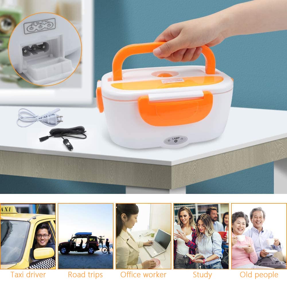 VIGIND Electric Lunch Box 2 in 1, Portable Food Warmer Heating,Food-Grade Container, 12V 110V 40W Adapter, Car Truck Home Work Use, Spoon and 2 Compartments Included (orange)