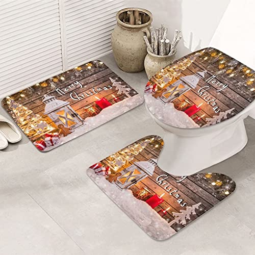 YRIGSUN 5 Pcs Wood Light Snow Christmas Tree Decor Merry Christmas Shower Curtain Sets with Rugs and Towels, Toilet Lid Cover, Bath Mat Festive Colorful Xmas Elements Bathroom Set