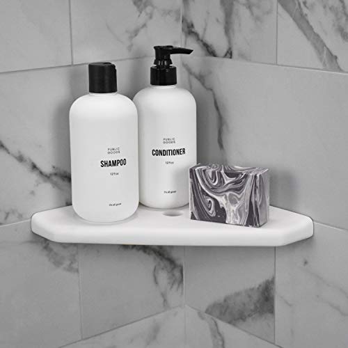 Questech Décor 8 Inch Corner Shower Shelf Bathroom Caddy, Lugged For New Construction, Corner Shower Shelf For Tiled Shower Walls, Corner Bathroom Shelf, 8 Inch Geo Lugged, Bright White Matte