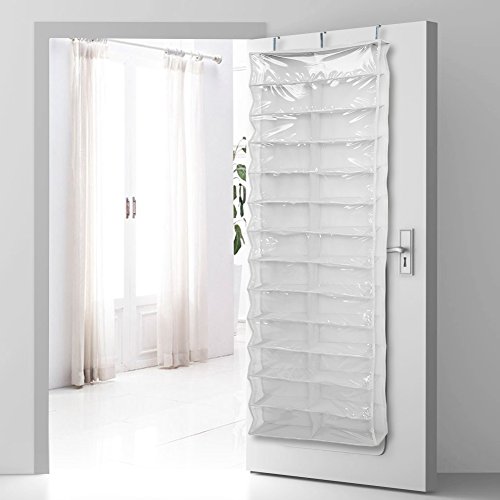 26 Pocket Shoe Organizer, Crystal Clear Over The Door Hanging Closets Storage Bag for Shoes, Sneakers or Accessories(White)