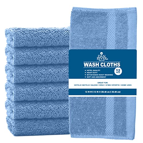 DAN RIVER 100% Cotton Face Towels 12 Pack - Premium Quality Washcloths Soft and Highly Absorbent Towels for Bathroom, Spa, Gym - Quick Dry Essential for Body and Daily Use 12x12 in, 600 GSM – M Blue