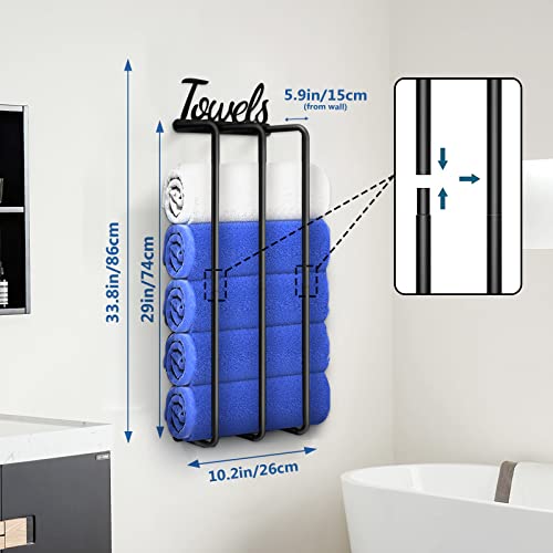 NOSTHEART Wall Towel Rack for Rolled Towels, Upgraded 3 Bar Towel Racks for Bathroom Wall Mounted, Bathroom Towel Storage, Stainless Steel Bath Towel Holder, Washcloths Bathroom Organization (Black)