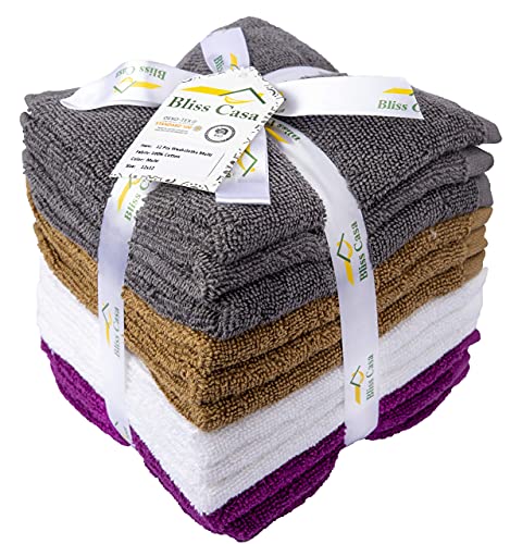 Bliss Casa Washcloths Set (12 x 12 Inch, 12 Pack) – 100% Cotton Washcloths for Face, Highly Absorbent Soft Face Towels, and Quick Drying Fingertip Towels for Daily Use (Multi, Mix)
