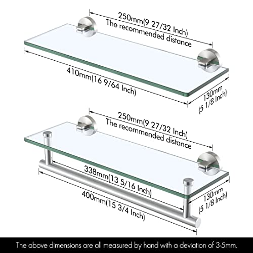 KES 16-Inch Glass Shelves for Bathroom, Bathroom Shelf Tempered Glass 2 Pack Wall Mount SUS 304 Stainless Steel Brushed Finish, A2022S41-2-C1