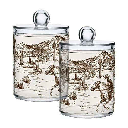 Blueangle 2 Pack Western Desert Cowboy Qtip Holder Dispenser for Cotton Ball, Cotton Swab - Plastic Apothecary Jar Set for Bathroom Canister Storage Organization(659)